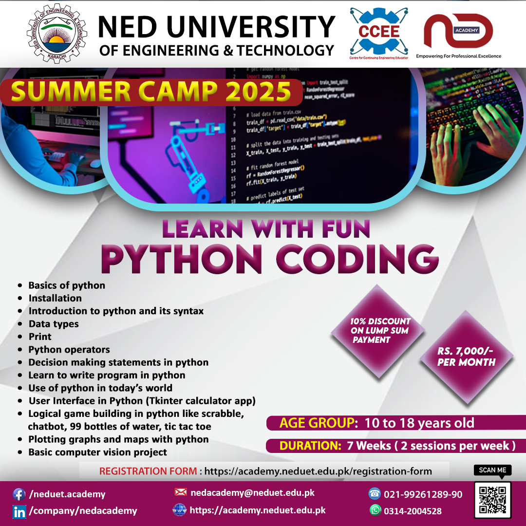 Learn with fun python coding | NED Academy - CCEE | CMPP | PTMC